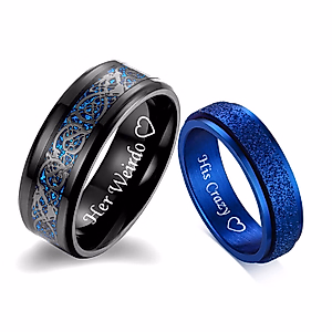 MZZJ Her Weirdo & His Crazy Couple Matching Ring Punk Stainless Steel Celtic Dragon Pattern Rings & Blue Sandblasting Spinner Fidget Ring Set for Wedding