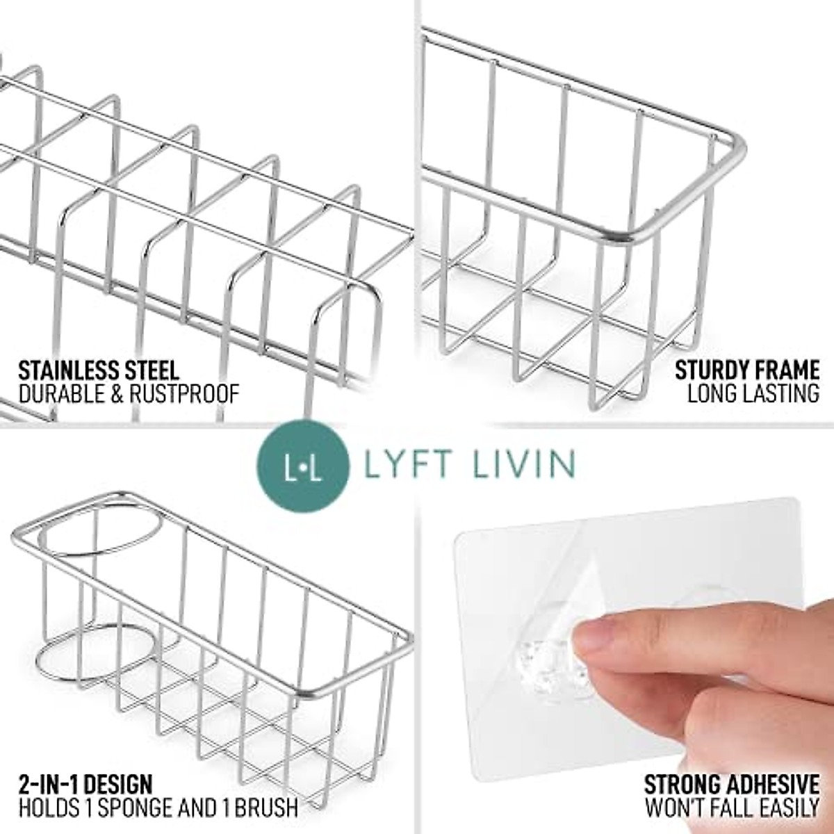 Adhesive Kitchen Sink Caddy, Sponge Holder Sink Organizer With Suction Tape Stainless Steel Rustproof Sponge Holder For Kitchen Sink Dish Scrub Holder Organizer Sponge Caddy Holder – Silver