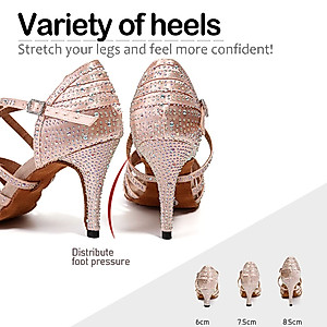 SWDZM Women's Rhinestone Dance Shoes Ballroom Latin Salsa Performance Practice Dancing Shoes,L377,Pink,Heel 3 1/3'',US 8