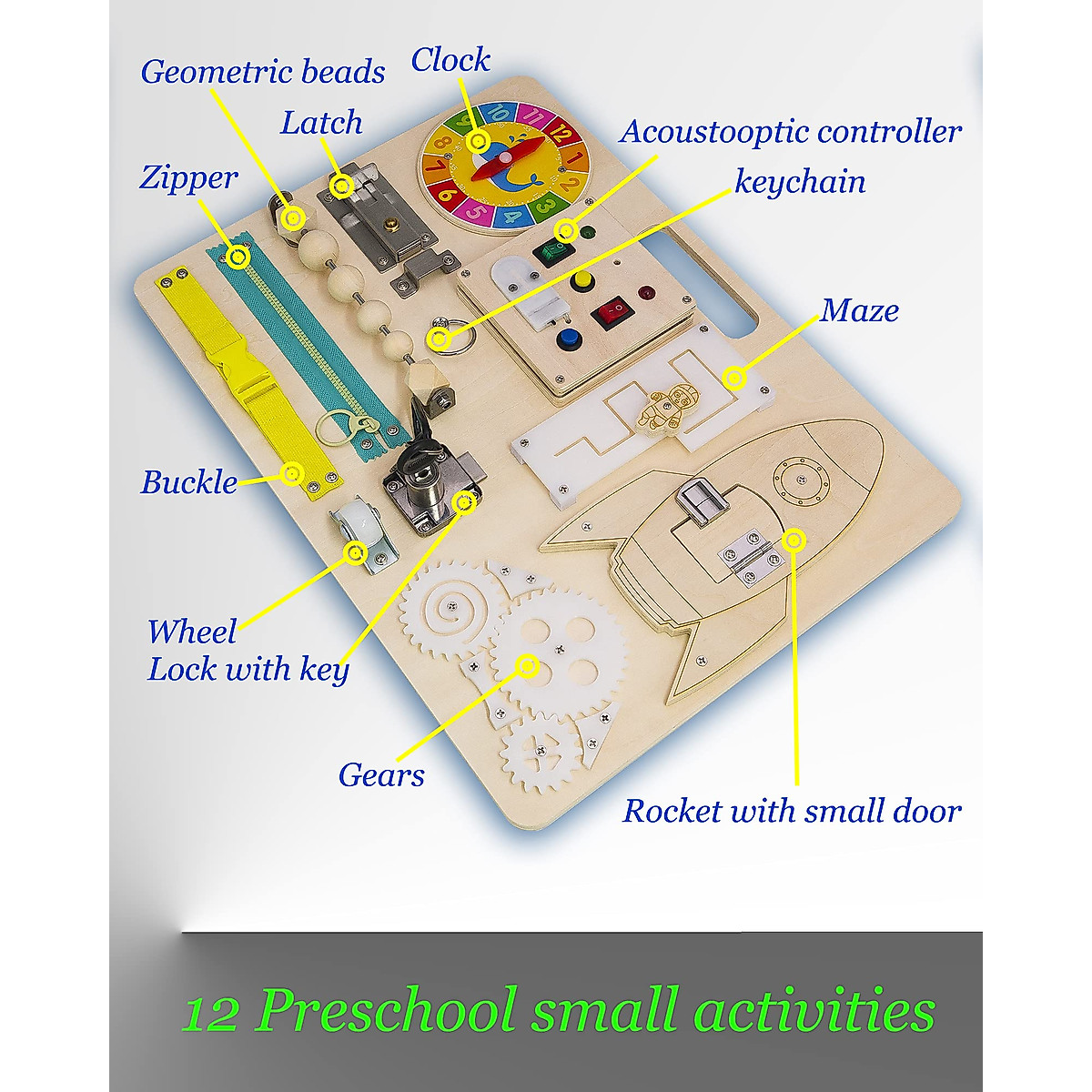 Blevla Busy Board for Toddlers 1-3 Wooden Sensory Board Baby Activity Board Montessori Busy Board Light Switch Toy Kid's Educational Toys