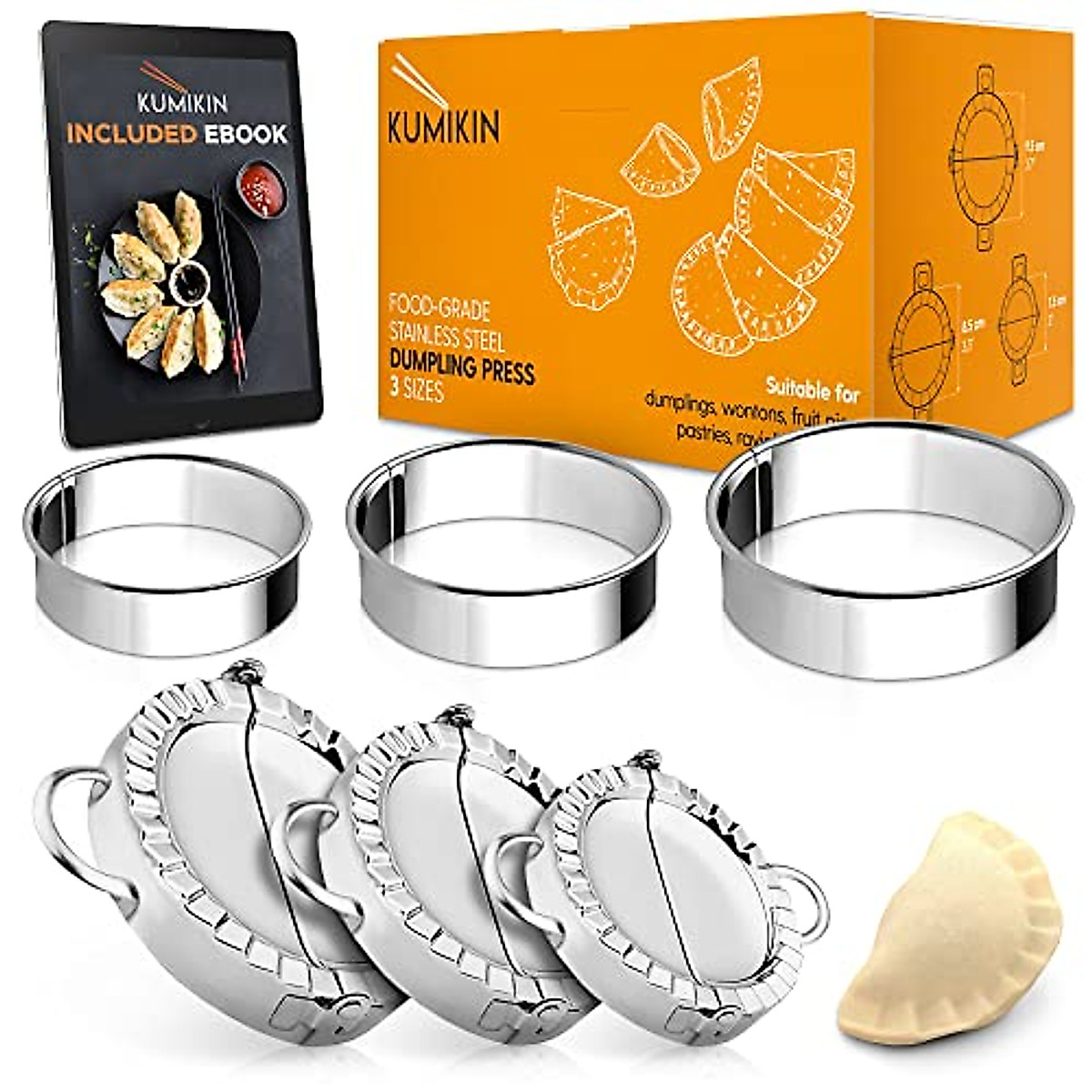 KUMIKIN Dumpling Maker – Empanada Maker Press Set of 3 – Food-Grade Stainless Steel Dumpling Press in 3 Sizes – Pierogi Maker with Included Recipe eBook – Easy to Use and Multifunctional