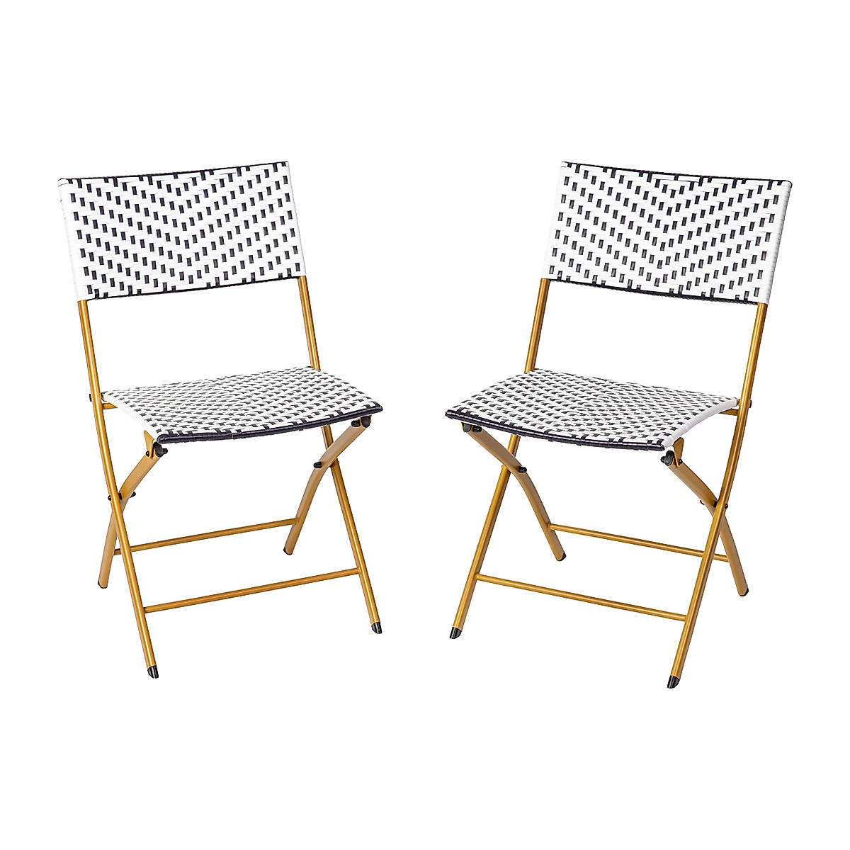 EMMA + OLIVER Ciel Two Piece Folding Bistro Chairs - Navy and White PE Rattan - Natural Finish Metal Frames - Indoor/Outdoor Use