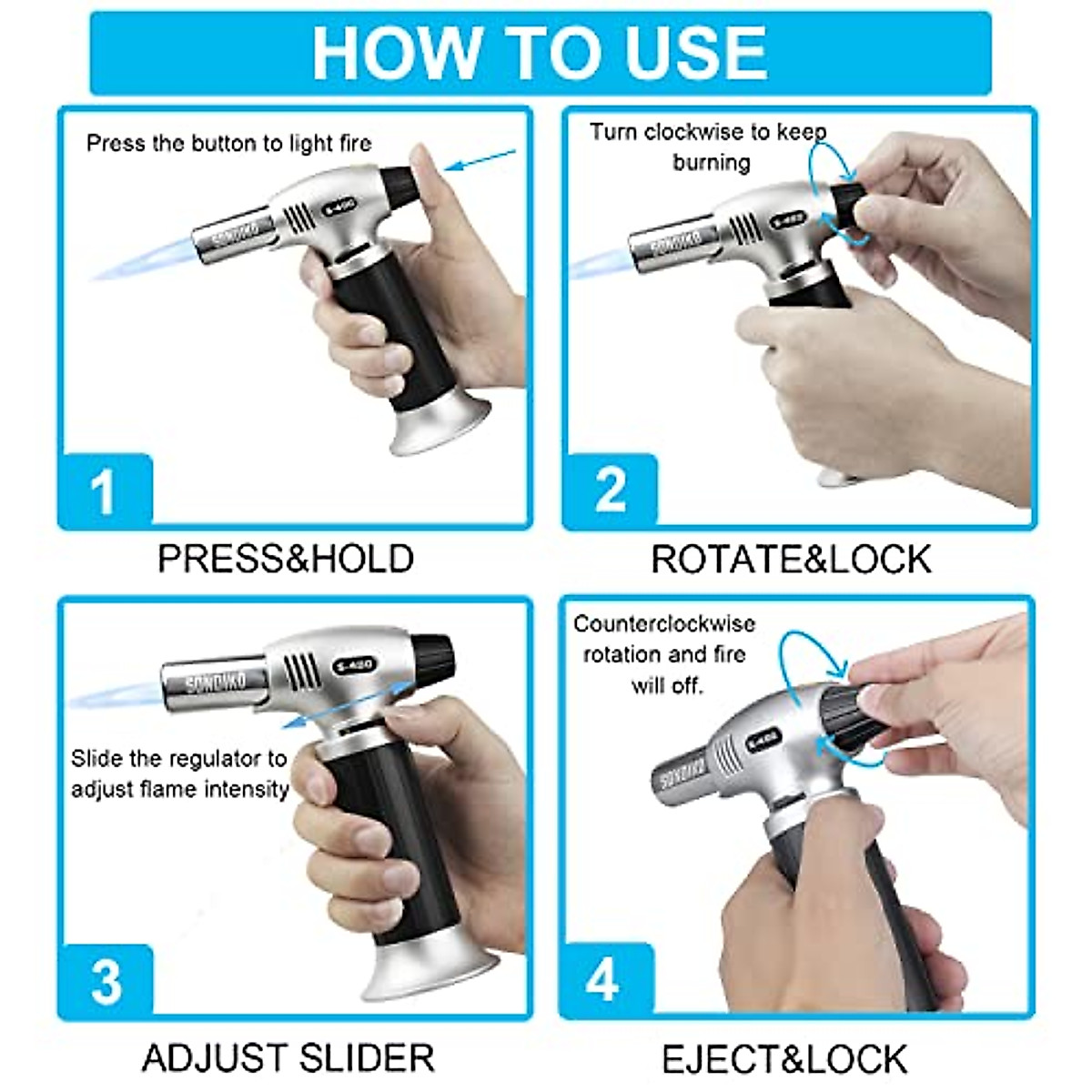 Sondiko Butane Torch and Fuel Refill, S400 with 170 ml Gas Included. Kitchen Torch Lighter Blow Torch with butane refill for BBQ, Creme Brulee, Baking.