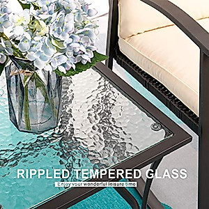 Vongrasig 3 Piece Outdoor Rocking Chair Set, PE Wicker Rattan Small Patio Rocking Bistro Set, Front Porch Furniture Rocking Chairs Set of 2, Cushioned Patio Rocker Chair Set with Glass Table (Beige)