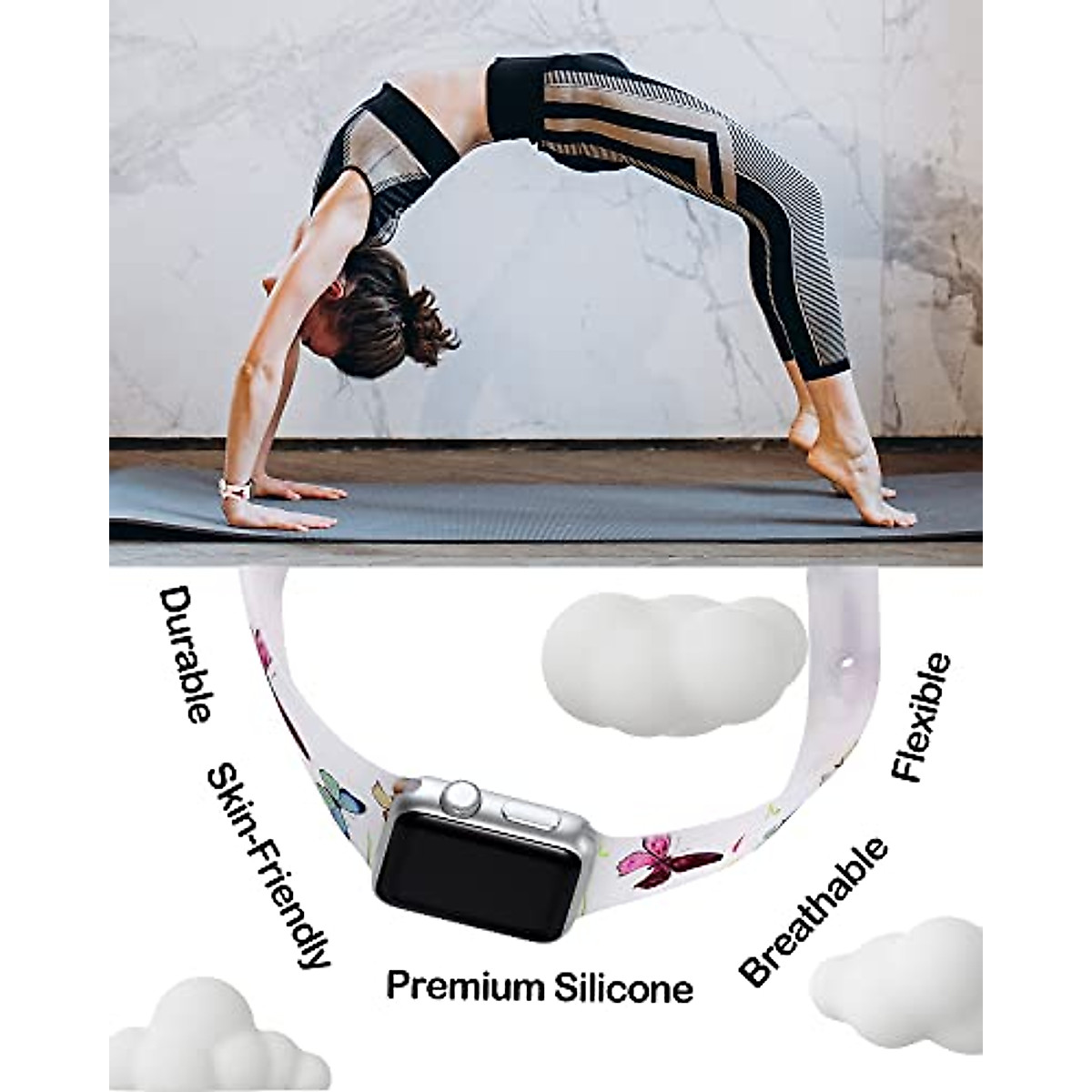 Witzon Compatible with Apple Watch Band Series 8/7/6/5/4/3/2/1/SE/Ultra, iWatch 38mm 40mm 41mm 42mm 44mm 45mm 49mm Bands for Women, Cute Print Silicone Sport Strap Replacement Accessories, Butterfly