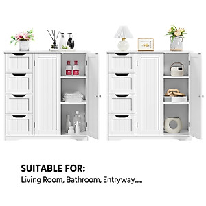 Yaheetech Wooden Bathroom Floor Cabinet, Side Storage Organizer Cabinet with 4 Drawers & Double Doors, Freestanding Entryway Storage Unit Console Table, Bathroom Furniture Home Decor, White