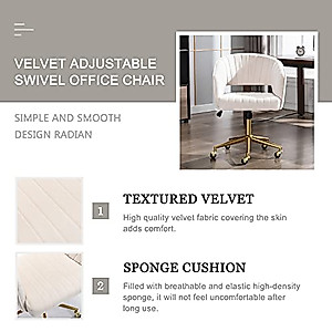 Qtivii Velvet Home Office Chair, Modern Office Chair with Gold Base, Home Office Desk Chair for Living Room, Bedroom, Vanity, Study (Beige)