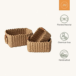 LA JOLIE MUSE Small Wicker Baskets for Organizing, Bathroom Basket with Handle, Recycled Paper Rope Storage Basket for Shelves Bathroom Cupboards Drawer, Decorative Square Basket Organizer Set of 3