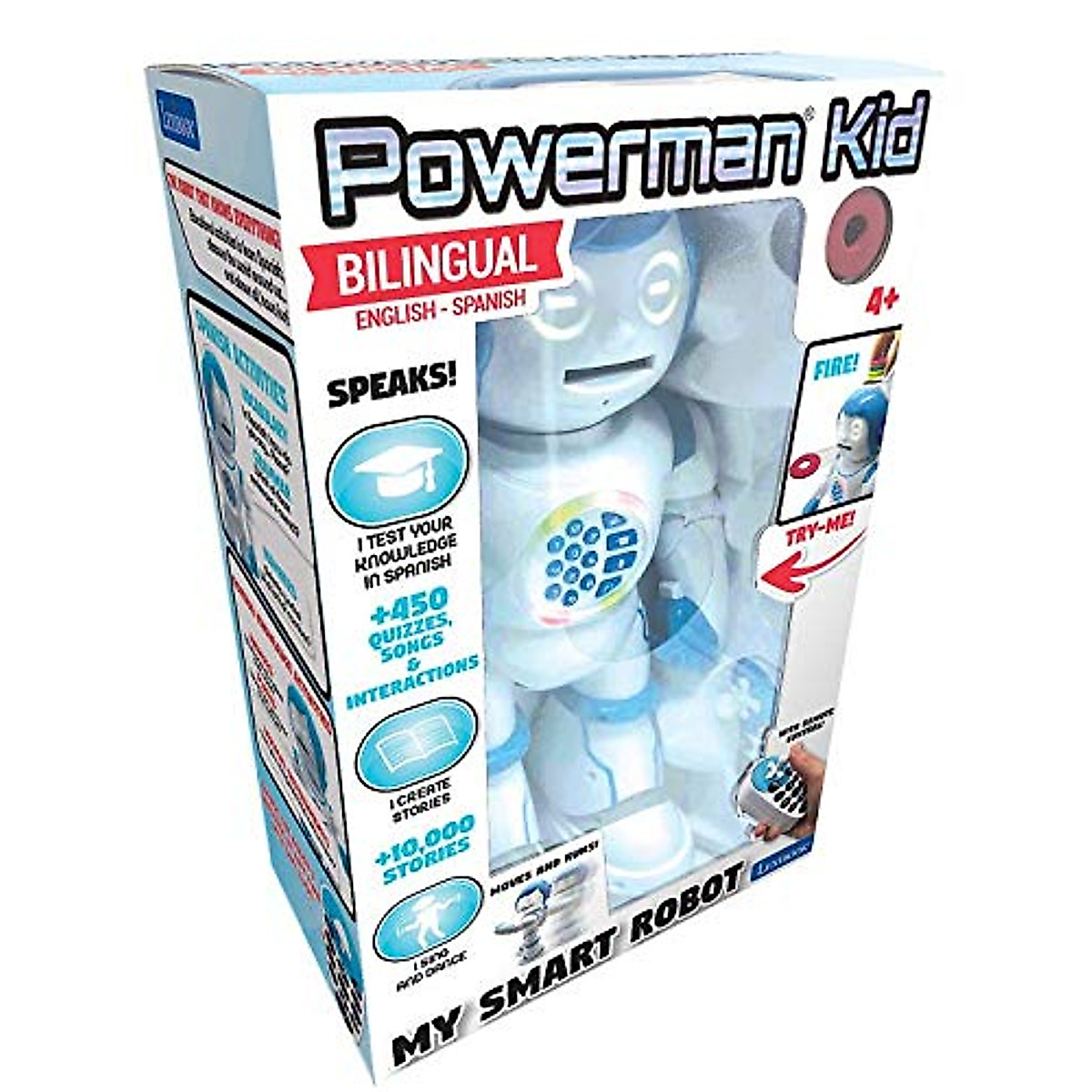 LEXIBOOK Powerman Kid - Educational and Bilingual English/Spanish Robot - Walking Talking Dancing Singing Toy - STEM Programmable Telling Creating Stories - Quizzes Shooting Discs for Kids - ROB90US