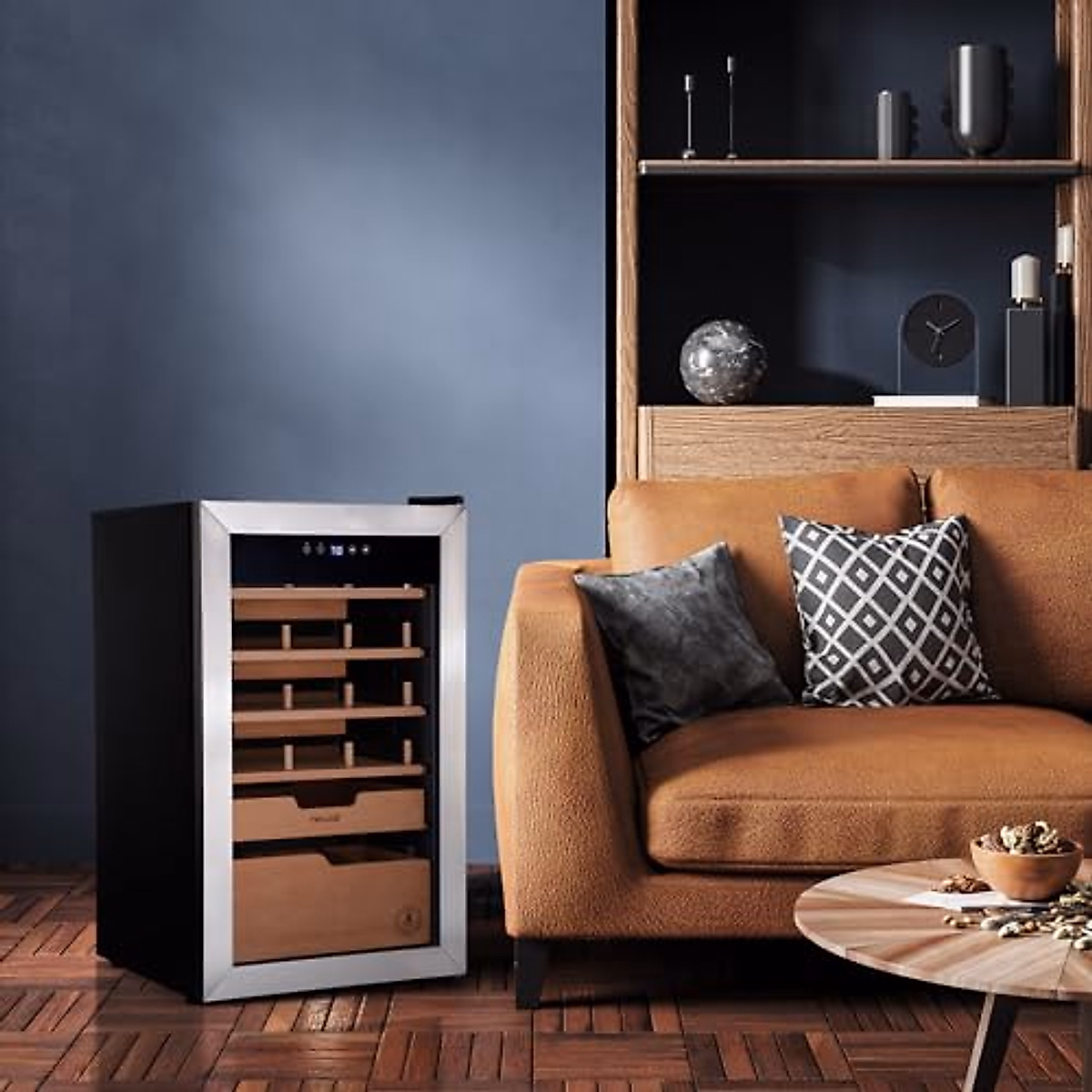 NewAir x Boveda 500 Count Electric Humidor, Spanish Cedar Shelves with Temperature Control, Cigar Humidor Box with Built-In Boveda Humidity Control in Stainless Steel