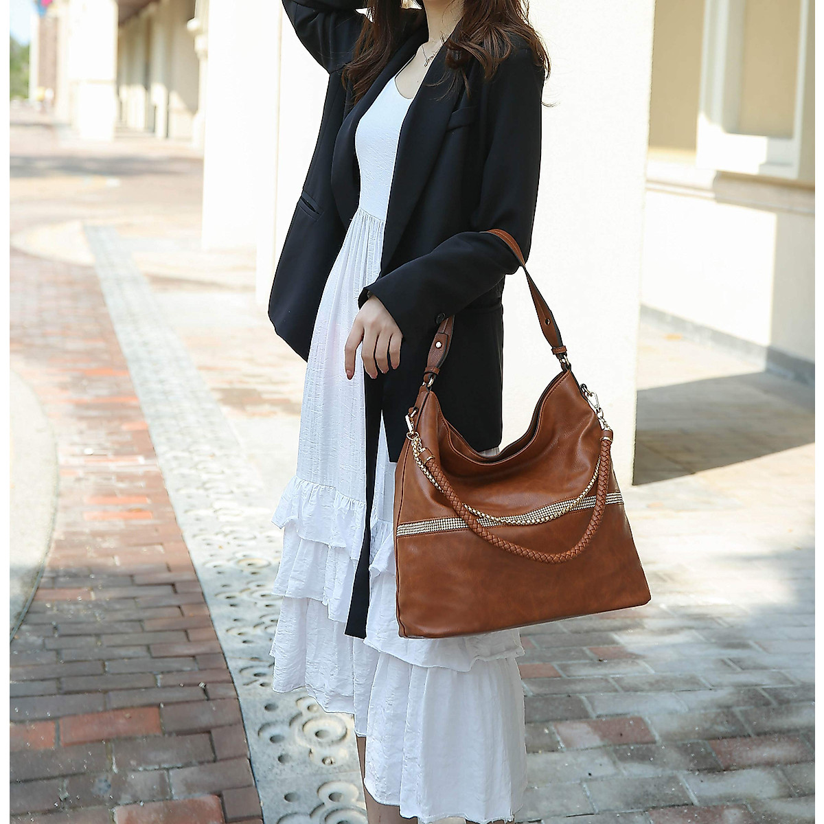 MKF Crossbody for Women - Adjustable Shoulder Strap - PU Leather Top-Handle Handbag Purse Satchel-Tote Bag Charm Brown