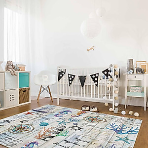 Nautical Wood Grain Area Rug for Living Room 2x3 Modern Rug Washable Abstract Area Rug Large Non Skid Ocean Coral Seahorse Starfish Blue Floor Carpet Mat Soft Indoor Rug for Bedroom Nursery Office