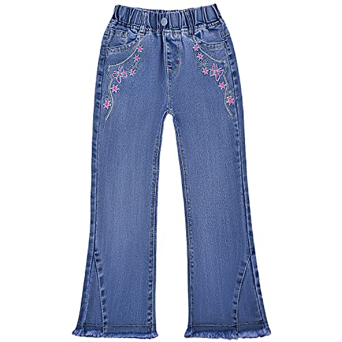 Peacolate 5-10Years Little Big Girls 2pcs Clothing Set Pink Stripe T Shirt and Blue Butterfly Embroidered Bootcut Jeans(Pink,6-7Years)