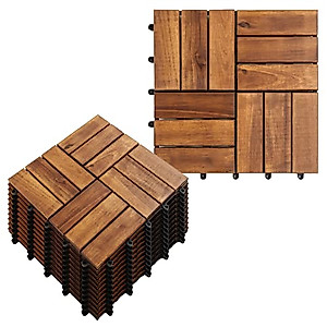 Acacia Wood Interlocking Deck Tiles for Outdoor/Indoor - (Pack of 10) 12"x12" All Weather Balcony Flooring - Snap Click Together Patio Tiles - Portable Waterproof Dance Floor Covering, Outside Walkway
