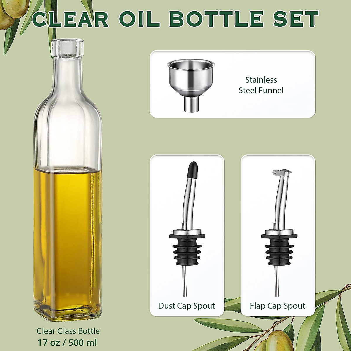 AOZITA 17oz Clear Glass Olive Oil Dispenser Bottle - 500ml Oil & Vinegar Cruet with Pourers and Funnel - Olive Oil Carafe Decanter for Kitchen
