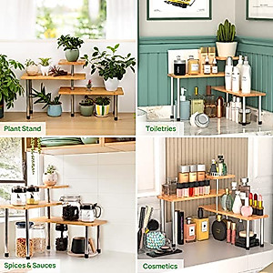 Ollieroo 3 Tier Corner Shelf Bamboo Countertop Organizer Bookshelf Display Shelves Space Saving Rack for Living Room, Kitchen, Office