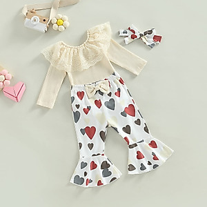 Valentine Day Baby Girl Cute Lace Ruffle Long Sleeve Romper Bodysuit Top and Bowknot Sweetie Heart Flare Long Pants Headband (Beige,0-6 Months)
