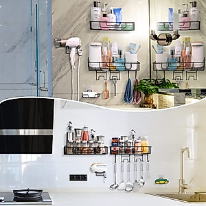 EATAKWARD 4 Pack Shower Caddy Basket Shelf with Soap Dish,Hair Dryer Holder &Hooks Strong Adhesive Wall Mounted Shelf Organizer Storage Rack 304 Stainless Steel Shelves for Bathroom Kitchen, Black