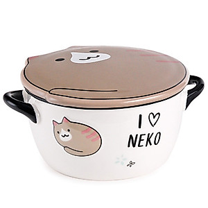 White and Brown Ceramic Japanese Bowl with Lid and Mini Handles, Neko Lucky Cat Microwavable Dish for Noodles and Rice, 5 3/4 Inches