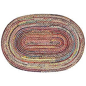 Hand Braided Cotton and Jute Rug - 4x6 feet Oval Reversible Farmhouse Accent Area Rug Boho Rustic Home Decor Colorful Recycled Chindi Carpet