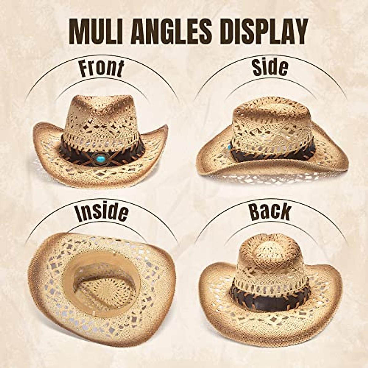 Men's & Women's Western Style Cowboy / Cowgirl Straw Hat with Bull Big Bead Band - Beige