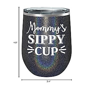 Mommy's Sippy Cup Wine Tumbler Black Glitter 12 oz Stainless Steel Stemless Glass with Lid for Mother's Day, Birthday, Christmas Gift for Mom