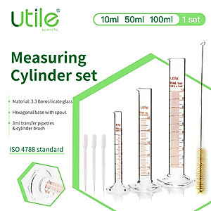 Utile Glass Graduated Cylinder Set, 3 Sizes Measuring Cylinders in 10ml 50ml 100ml, Borosilicate 3.3 Glass with Hexagonal Base, 3ml Transfer Pipettes and 1 Cleaning Brush Offered, 4099.0016.1.