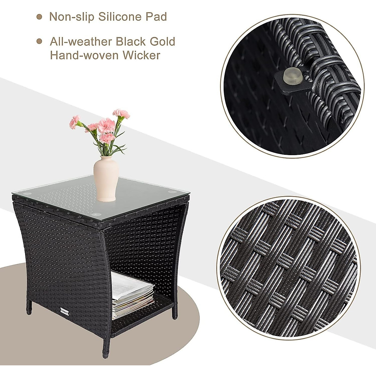 Kinsunny Square Glass Top Wicker Coffee Table, Outdoor Side Tables with Storage, Patio Furniture Patio Coffee Bistro Table PE Rattan Wicker Side Table w/Glass Top Indoor Outdoor, Black