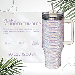 cuteolivia 40 Oz Tumbler With Handle Studded Tumbler With Lid and Straw Insulated Stainless Steel Double Wall Water Cup Travel Mug Water Bottle Tumblr For Women (40 oz 1200 ml, White)