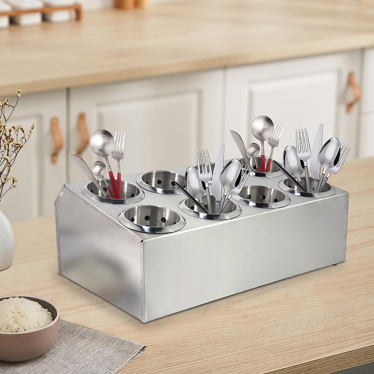 tonchean Stainless Steel Utensil Organizer, 8 Hole Commercial Silverware Caddy with Removable Cups, Restaurant Flatware Cylinder Holder Silverware Holder for Party