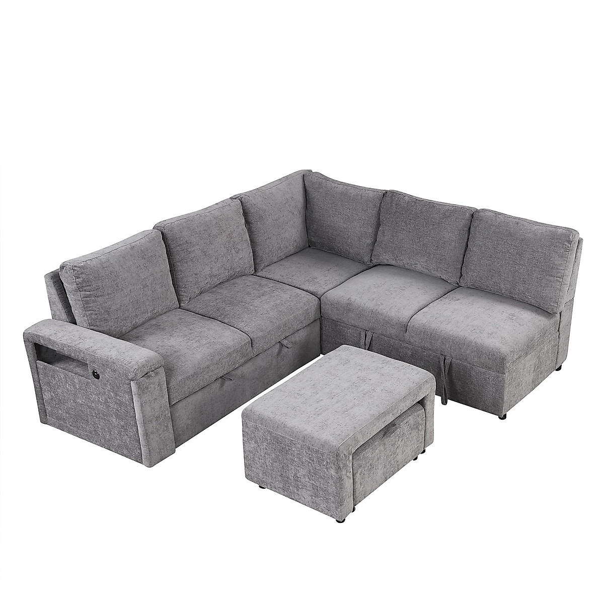 Olodumare L-shaped Oversized Modular Padded Cloud Sectional Fabric Sofa Set with Pull Out Bed, Convertible Sectional Couches with Storage Space, USB Ports, and Cup Holders for Living Room Office（Grey）