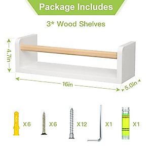 ZCO White Nursery Wall Shelves, 16 Inch Wooden Floating Shelves for Wall, Set of 3 Wall Mounted Shelves for Living Room, Bathroom Decor, Kitchen Spice Rack, White-Natural