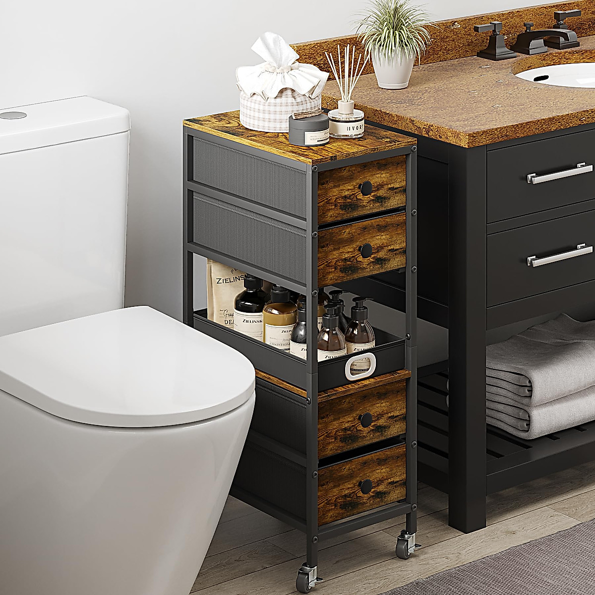 AMBIRD 4-Drawer Dresser,Fabric Dresser Storage with Drawers, Fabric Dresser Tower, Vertical Storage Drawer Units for Bedroom, Hallway, Closet, Office, Move Free with Wheels