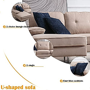 Zugoni Sectional Sofa U Shaped Sectional Couch, Large Sectional Couches with Tufted for Living Room, Comfy Soft Chaise Sectional Sofas, Modern Linen Sectionals with 4 Free Throw Pillows, Beige