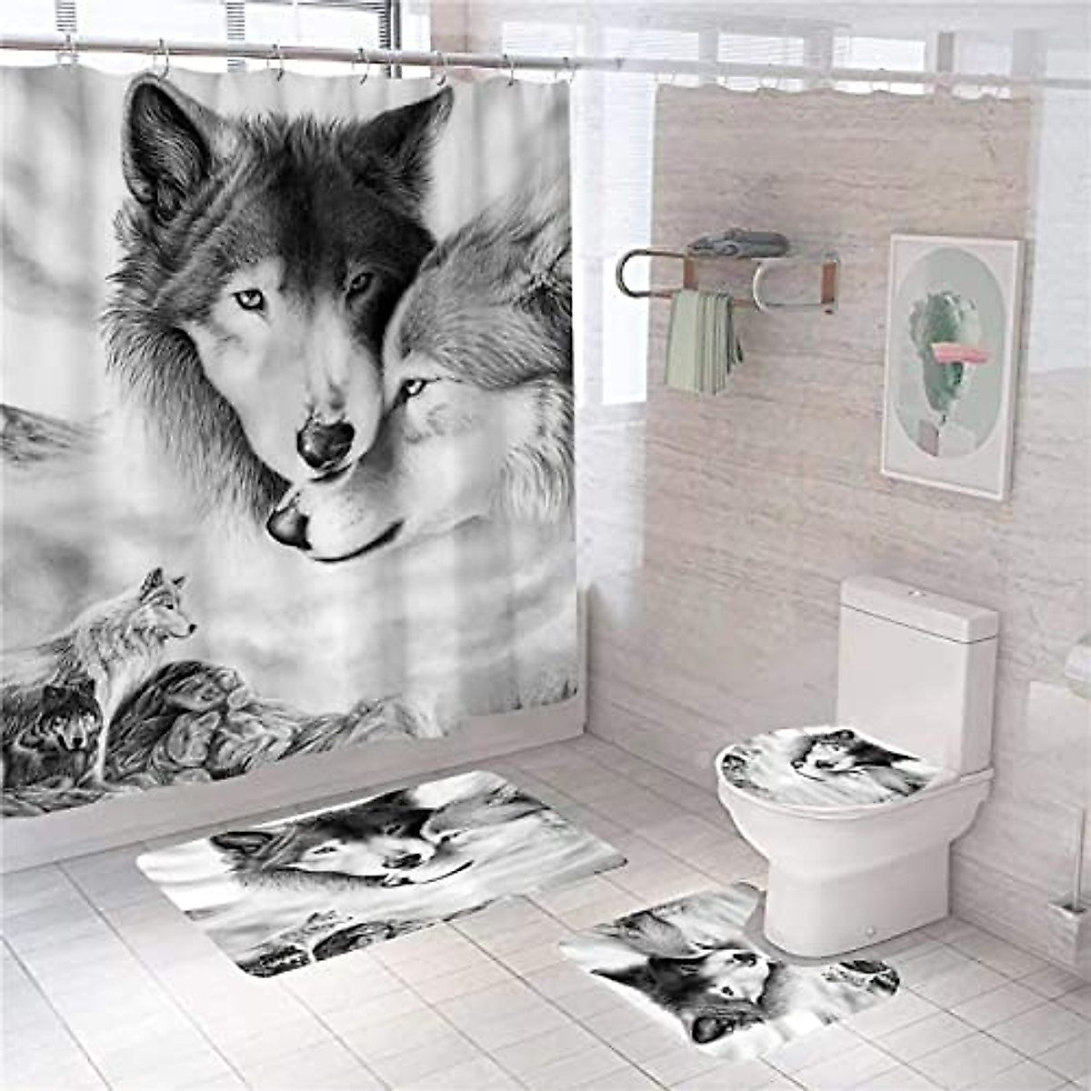 Wolves Bathroom Sets with Rugs,4 Pcs Wolf in The Forest Shower Curtain Sets with 12 Hooks, Wolves Cloud Bathroom Sets with Fabric Shower Curtains and Rugs
