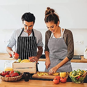 RUIBOLU Adjustable Bib Apron with 2 Pockets Cooking Kitchen Cotton Aprons for Women Men Chef Restaurant BBQ Painting Crafting, Long Ties Neck Strap (Khaki Stripes)