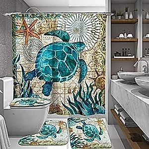 4PCS Underwater World Shower Curtain Sets with Non-Slip Rugs, Toilet Lid Cover and Bath Mat, Nautical Ocean Shower Curtains with 12 Hook s, Durable Waterproof Bath Curtain (Turtle, Medium)
