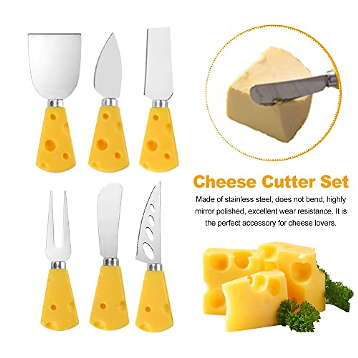 Cheese Knife Set of 6, Stainless Steel Small Cute Cheese Knives and Forks with Plastic Handle, Complete Stainless Steel Cheese Knives Collection for Family Gathering Christmas Wedding Party