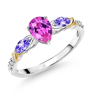 Gem Stone King 925 Silver 10K Yellow Gold Pear Shape Pink Created Sapphire Blue Tanzanite and White Lab Grown Diamond Engagement Ring For Women (1.35 Cttw, Gemstone September Birthstone, Size 9)