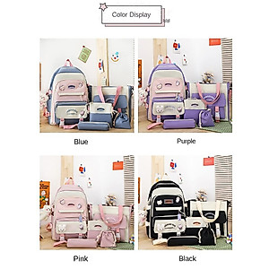 DAHUOJI Kawaii Backpack Set 5pcs Aesthetic Backpack for School Teens Girls Daypack Large with Pendants and Pins,Pen Case,Tote Bag,Small Bag(Black)