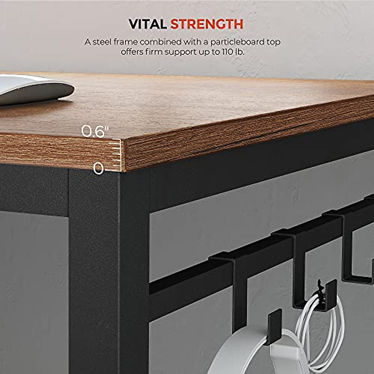 VASAGLE Computer Writing Desk, 39 Inch Office Study Table, Work from Home, with 8 Hooks, Metal Frame, Industrial, 39.4", Walnut Brown