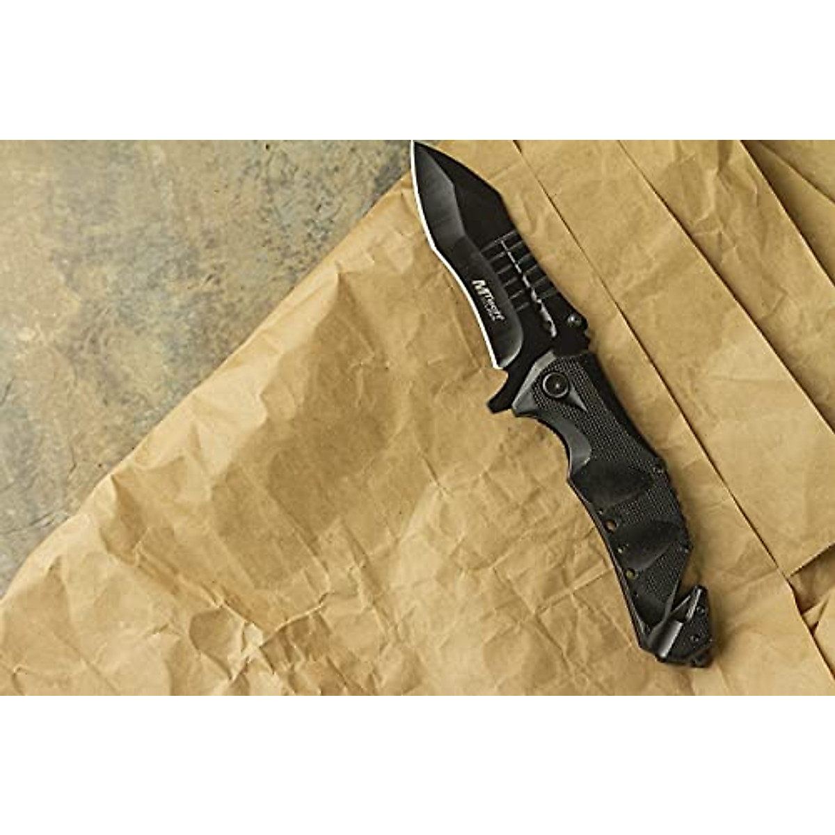 MTech USA – Spring Assisted Folding Knife – Black Stainless Steel Blade and Black Aluminum Handle with Rope Cutter, Glass Punch and Pocket Clip - Hunting, Camping, Survival, Tactical, EDC – MT-A845BK