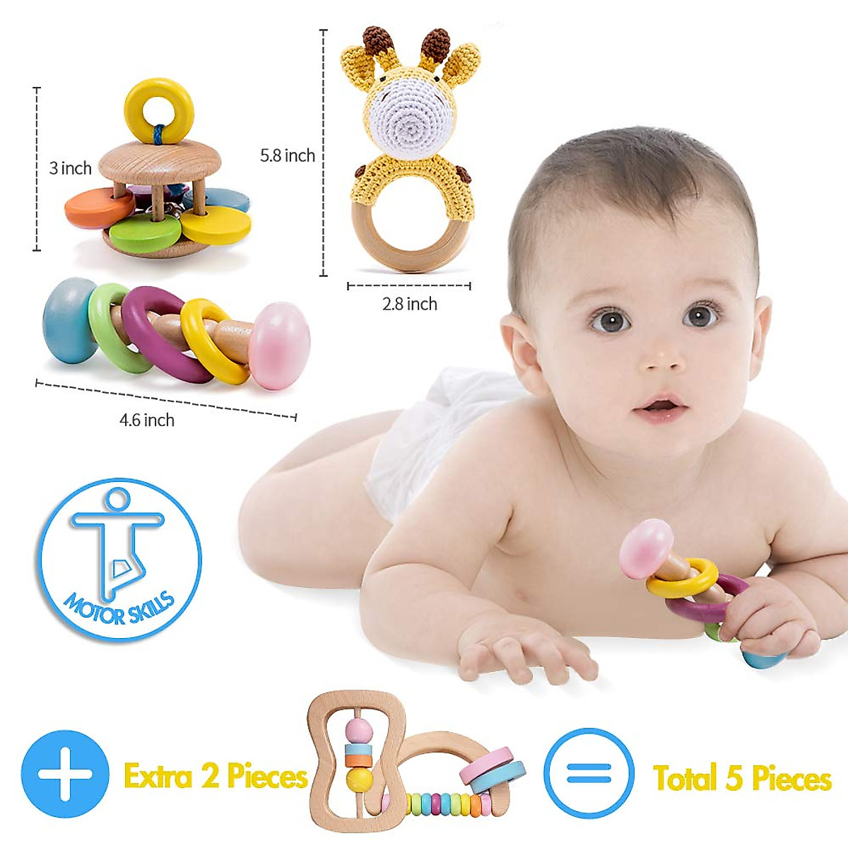 Bopoobo Wooden Baby Rattle-5PCS Natural Crochet Giraffe Organic Montessori Toys Wooden Baby Toys Early Development Rattle Perfect for Baby 6-12 Months Infant Wooden Toy Safe Wood Rattle Crafts