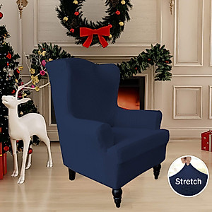 Easy-Going Stretch Wingback Chair Sofa Slipcover 1-Piece Sofa Cover Furniture Protector Couch Soft with Elastic Bottom Polyester Spandex Jacquard Fabric Small Checks(Wing Chair,Navy)