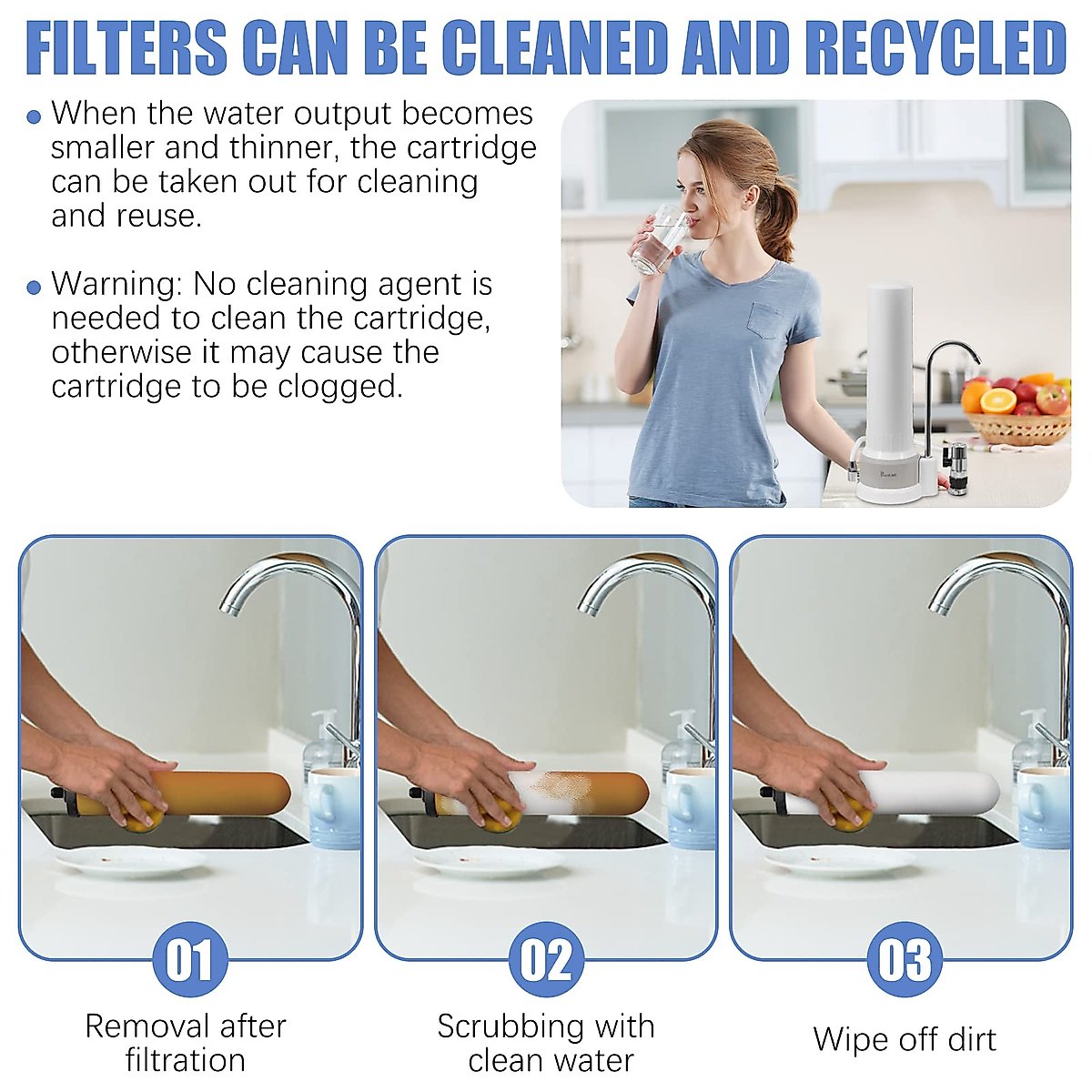 RUN.SE Countertop Water Filter System, Easy Install Water puriter, Sink Water Faucet, Alkaline Material Filter Machine (1 Filter Included)