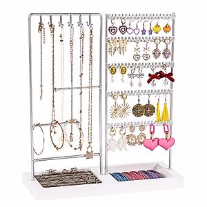 Vtopmart Jewelry Holder Organizer Stand Tree for Earring Necklace Ring Bracelets Display and Storage, with 90 Holes, 12 Hooks, Silver+White