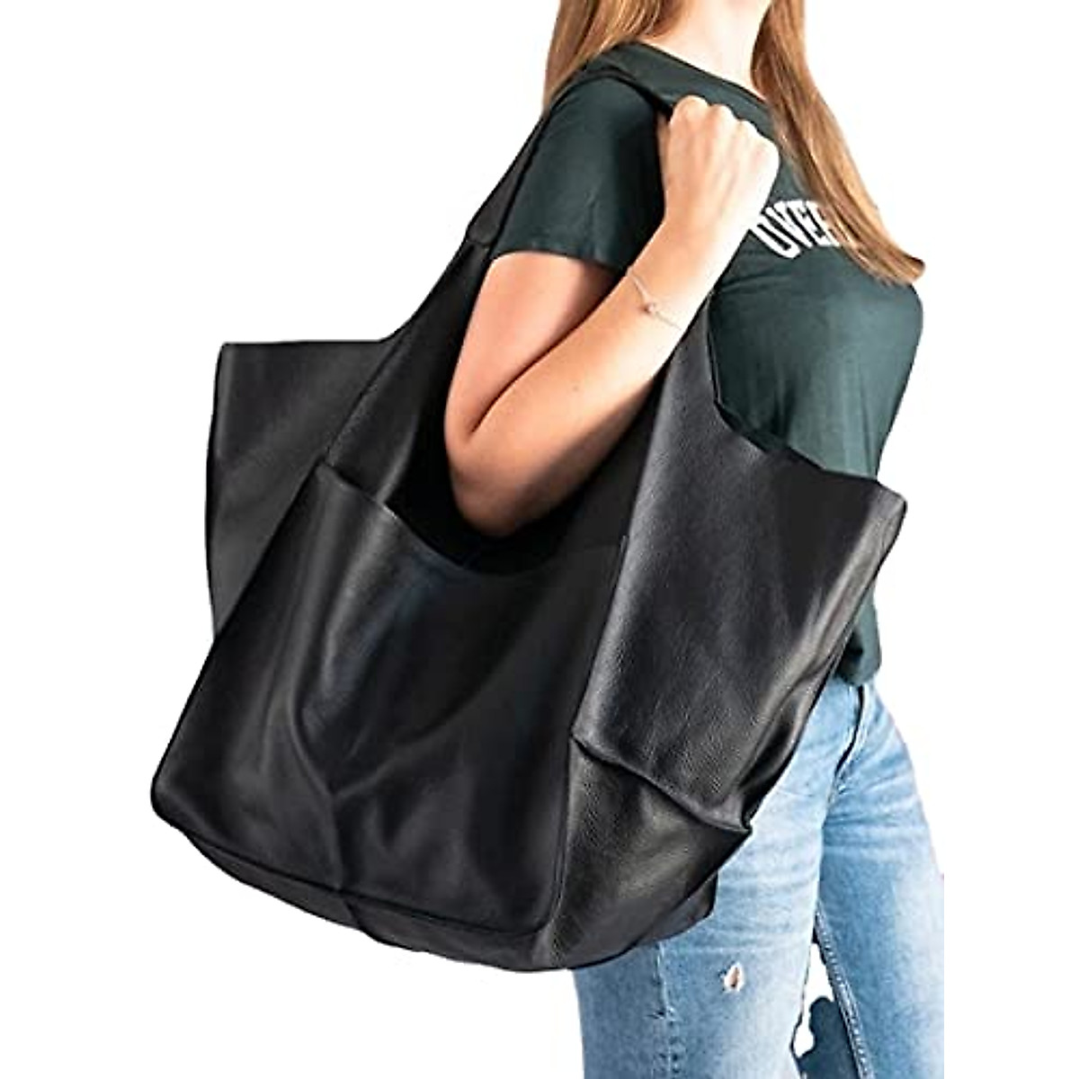 Casual Soft Large Capacity Tote Women Handbags Designer Metal Look Luxury Faux Leather Shoulder Bag Big Shopper Purses