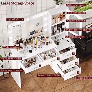 Irontar Vanity Desk with Charging Station, 46.7''L Makeup Vanity Table with Open Shelves & 5 Hooks, Dressing Desk with Drawers, Makeup Table with Side Drawer Cabinet, White WDT013W