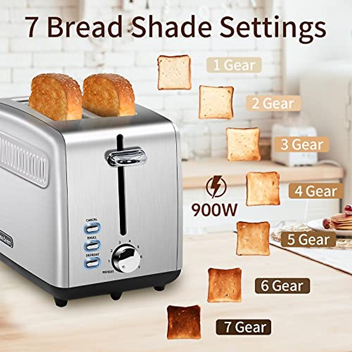 SEEDEEM Toaster 2 Slice, Stainless Steel Bread Toaster, 7 Shade Settings, 1.5'' Extra Wide Slots Toaster with Bagel, Defrost, Reheat Function, Automatic Power-off, Removable Crumb Tray, 900W, Silver Metallic