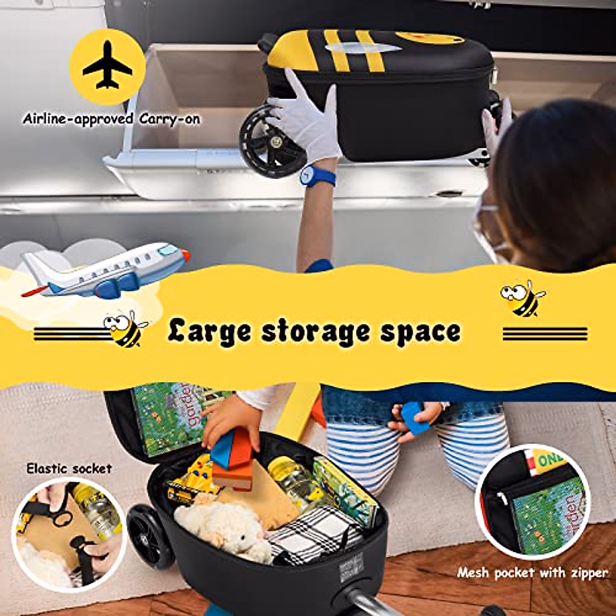 HONEY JOY Kids Scooter Suitcase, 18” Children Carry on Scooter Luggage w/Light-up LED Wheels, Waterproof Shell & Retractable Handle, Lightweight Foldable Ride on Suitcase